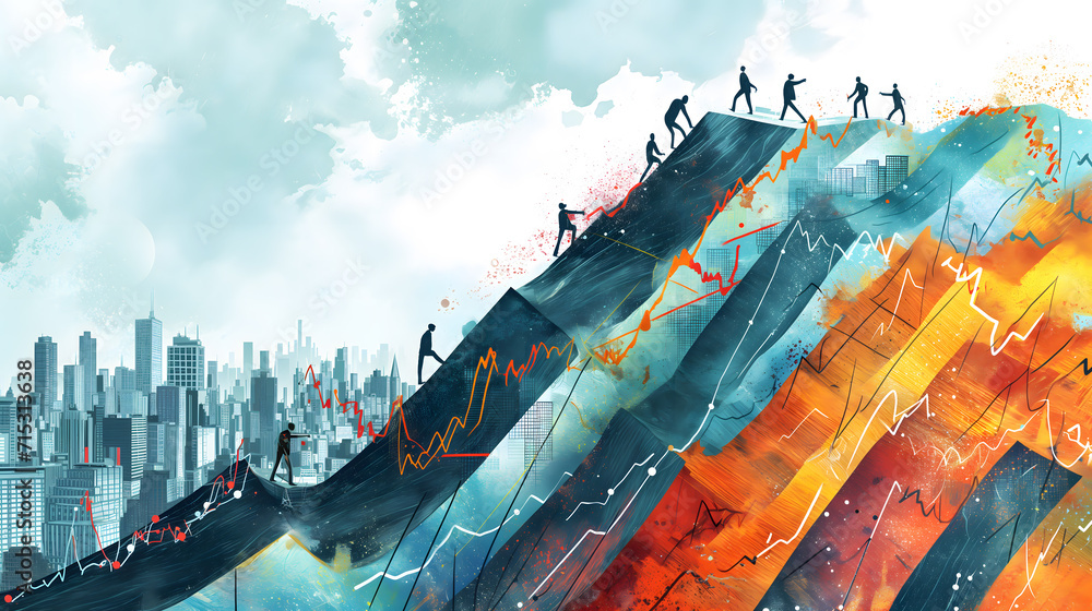 stock market as a metaphorical landscape. The central image is a upward ...