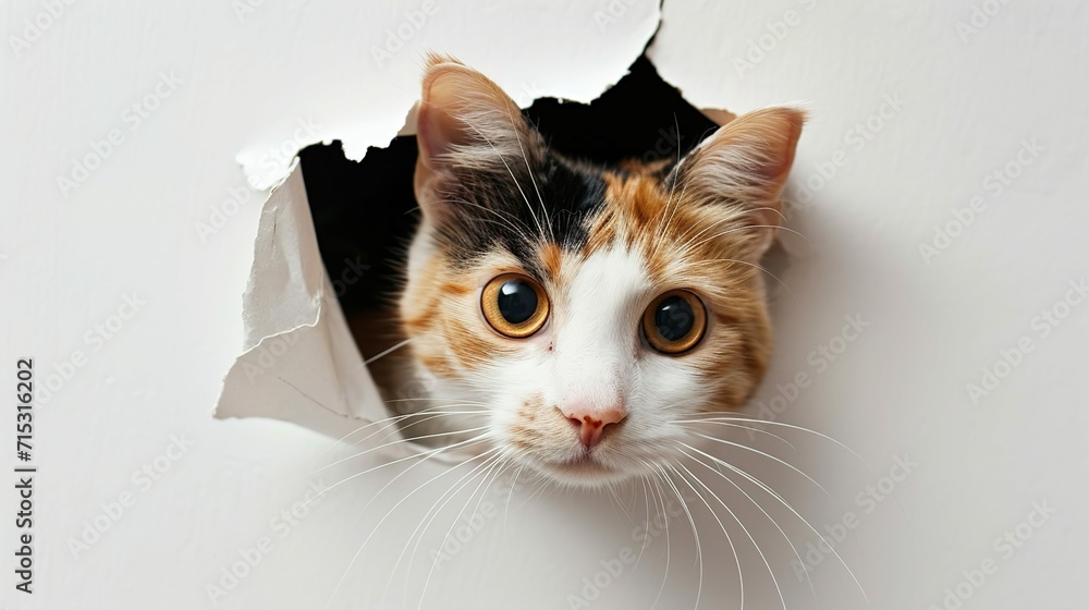 Calico cat poking head out of a hole in the paper wall , white ...