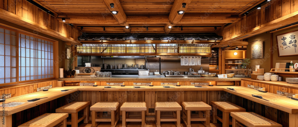 Japanese restaurant. Counter section of a typical small traditional ...