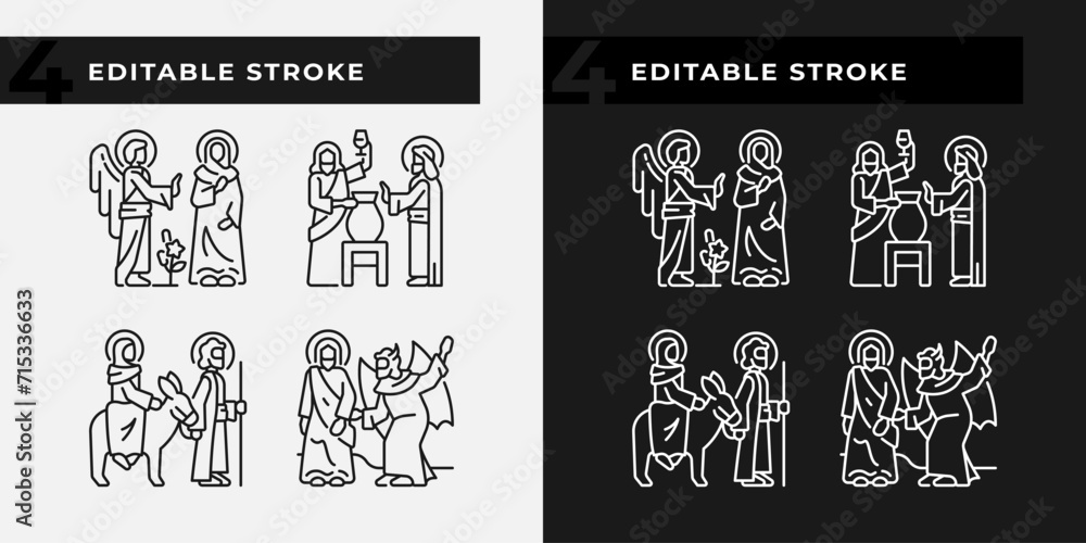 Holy figures linear icons set for dark, light mode. Mary and Joseph ...