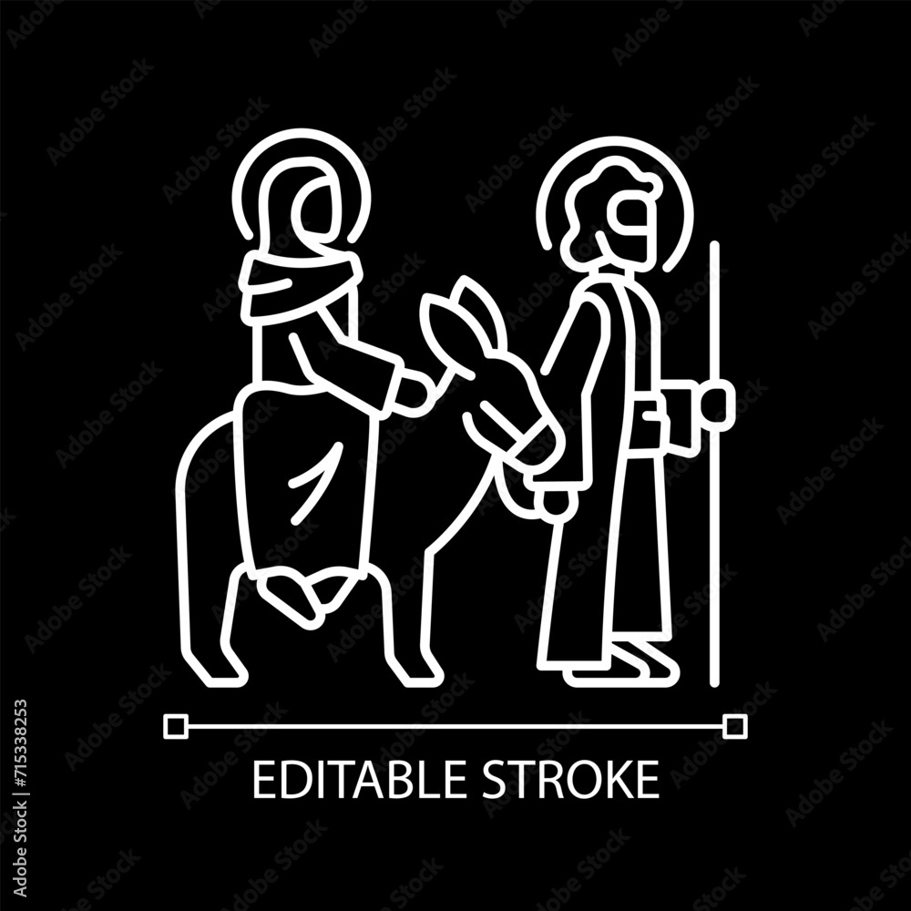 Journey to Bethlehem white linear icon for dark theme. Mary and Joseph ...