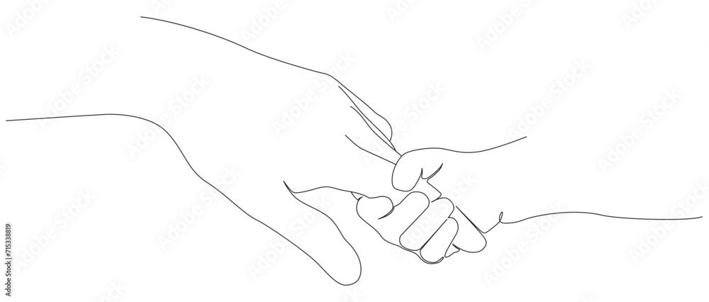 One continuous line drawing of baby kid hand holding mom dad parents ...
