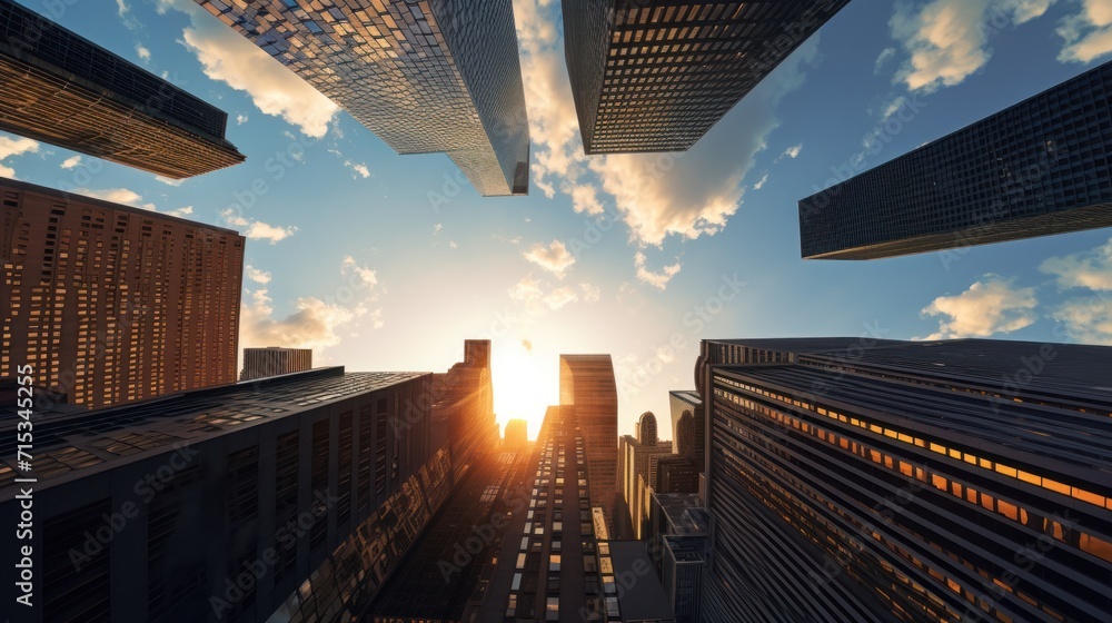 a group of tall buildings with the sun setting in the middle of the ...