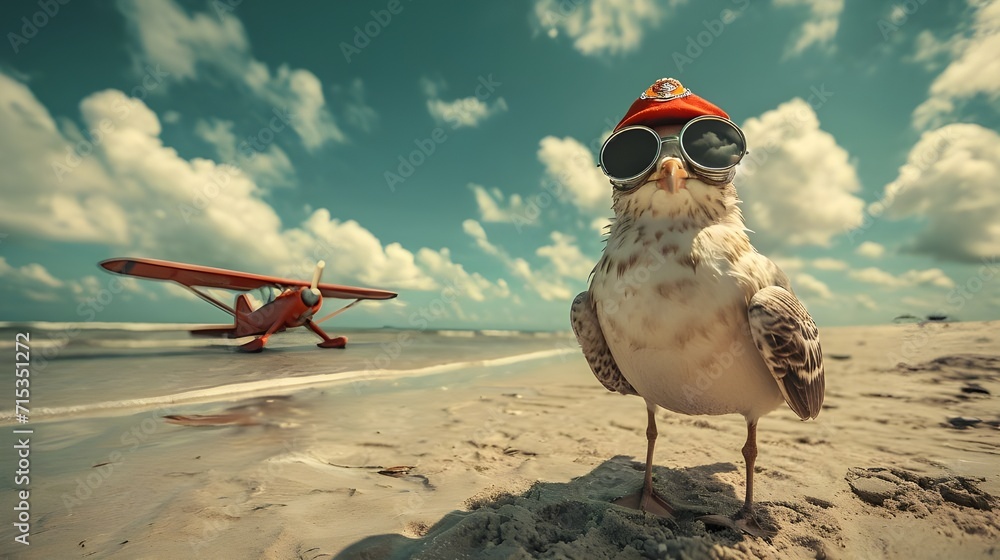 Cool cartoon of seagull, vintage pilot or sailor man, retro style ...