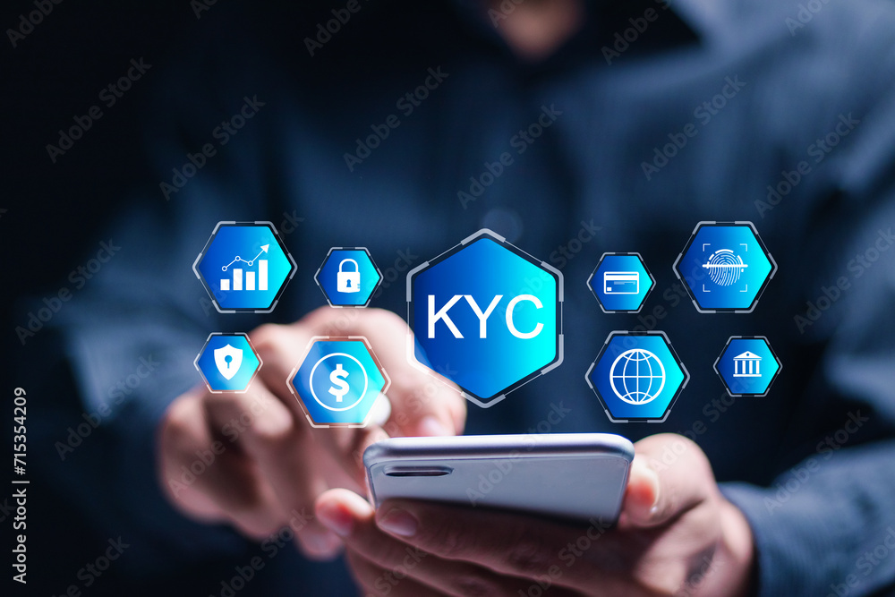 Know your customer concept. Person use smartphone with virtual KYC icon ...