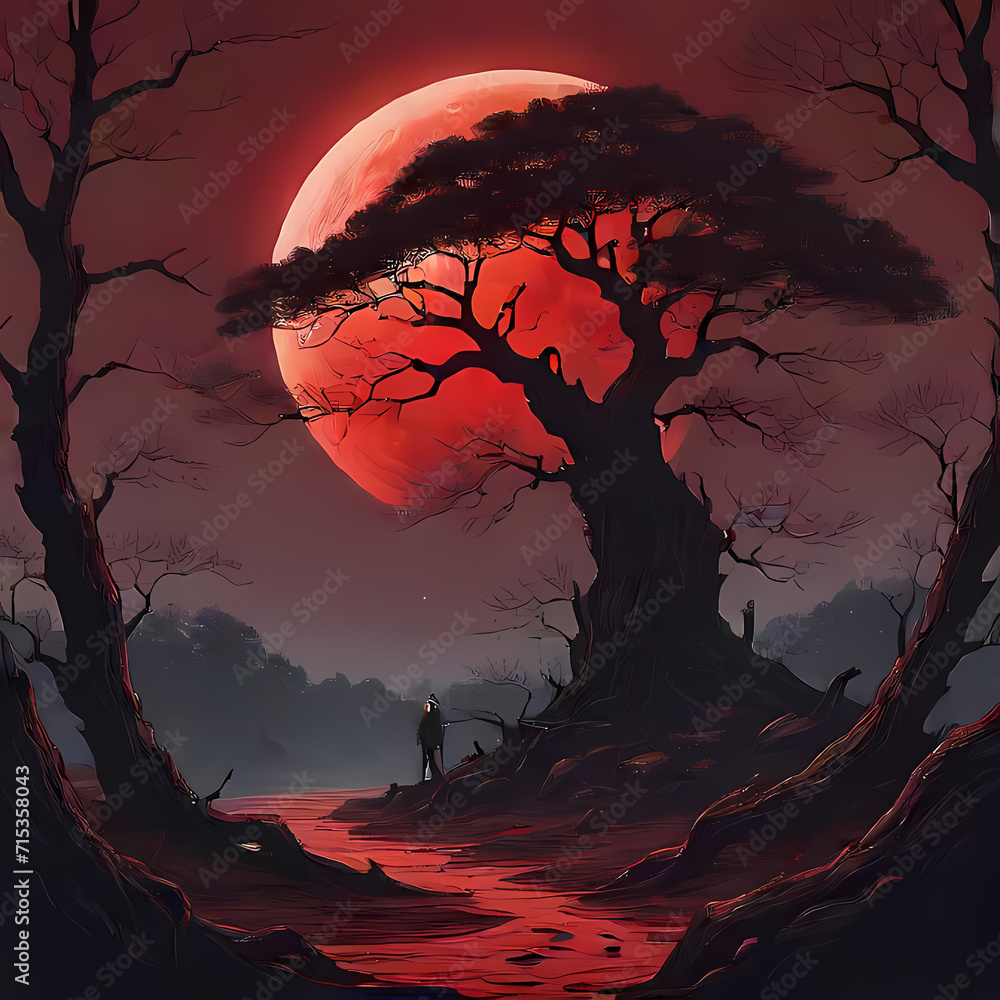 A desolate forest under a blood-red moon, setting the eerie tone. An ...
