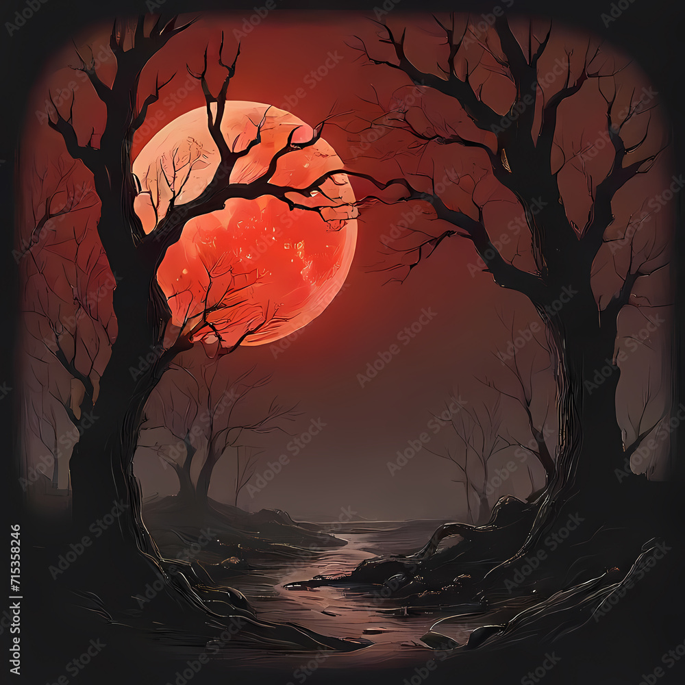 A desolate forest under a blood-red moon, setting the eerie tone. An ...