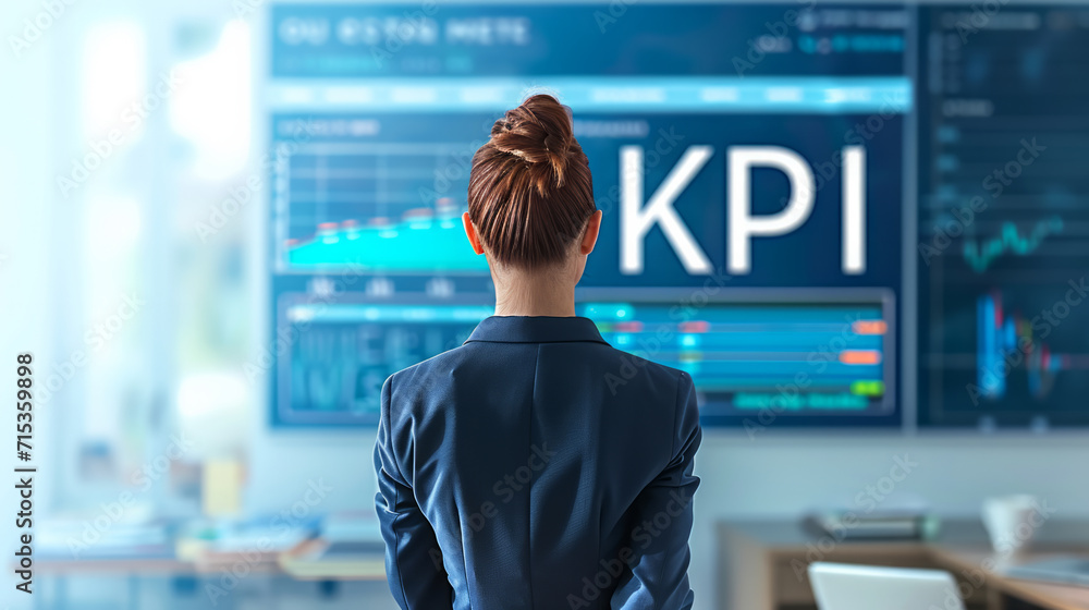 Back of a businesswoman in front of professional key performance ...