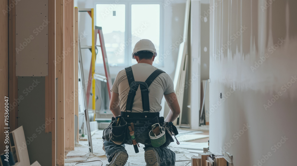 Back view of a man contractor at work inside a home for renovation and ...