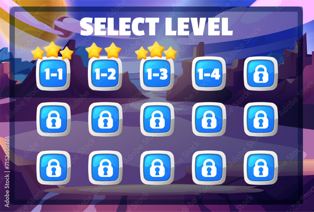 Level game selection screen, space game interface, cartoon Select Level ...