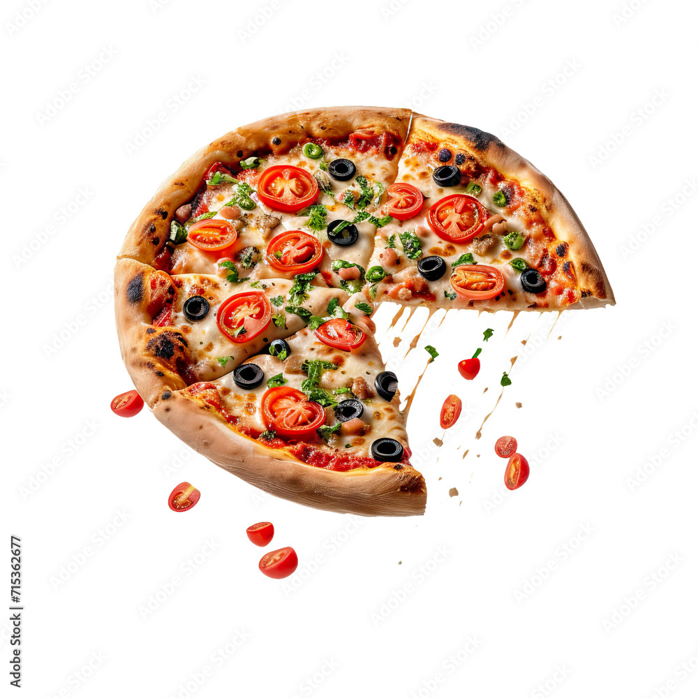 Flying Italian Pizza with black olives flying falling isolated on white ...