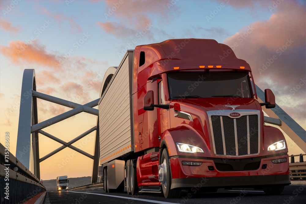 peterbilt 579 sleeper cab tractor truck on the highway.3D illustration ...