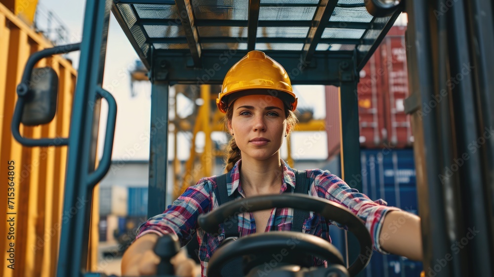 Female foreman driving forklift at shipping container yard, Industrial ...
