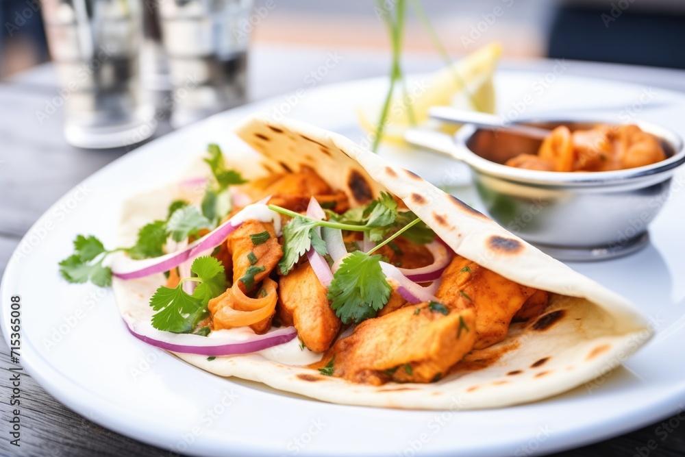 chicken tikka wrapped in naan bread with sliced onions Stock Photo ...