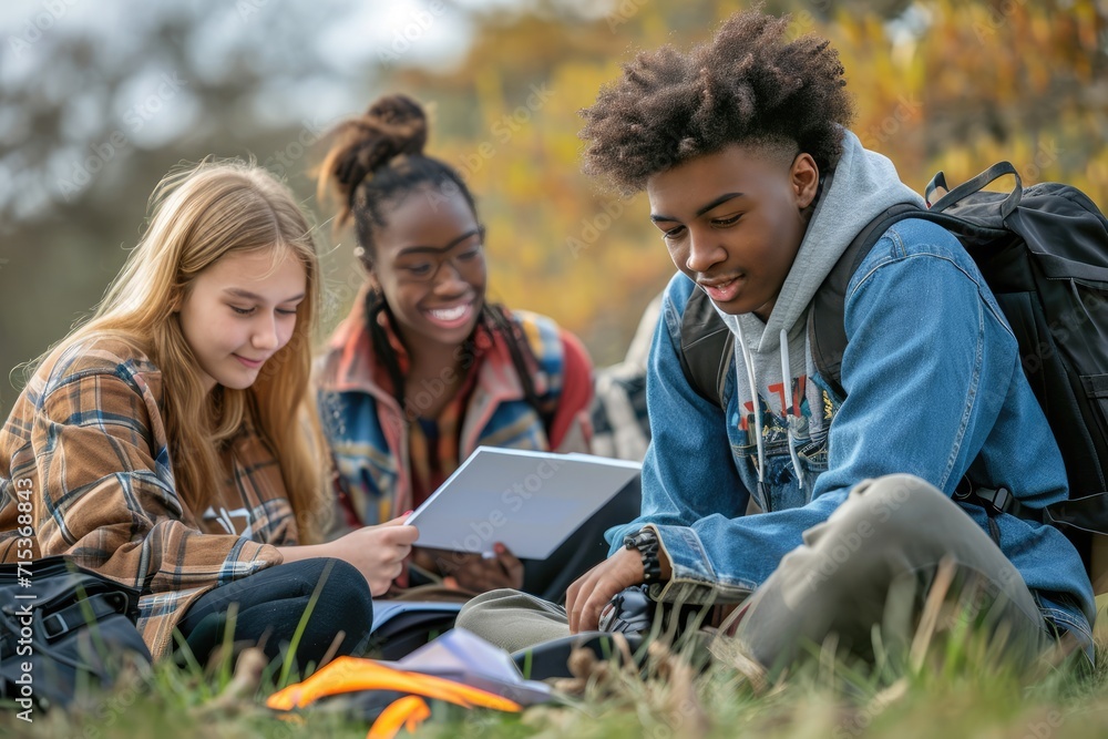 Generation Z students studying together outdoors after school. Stock ...
