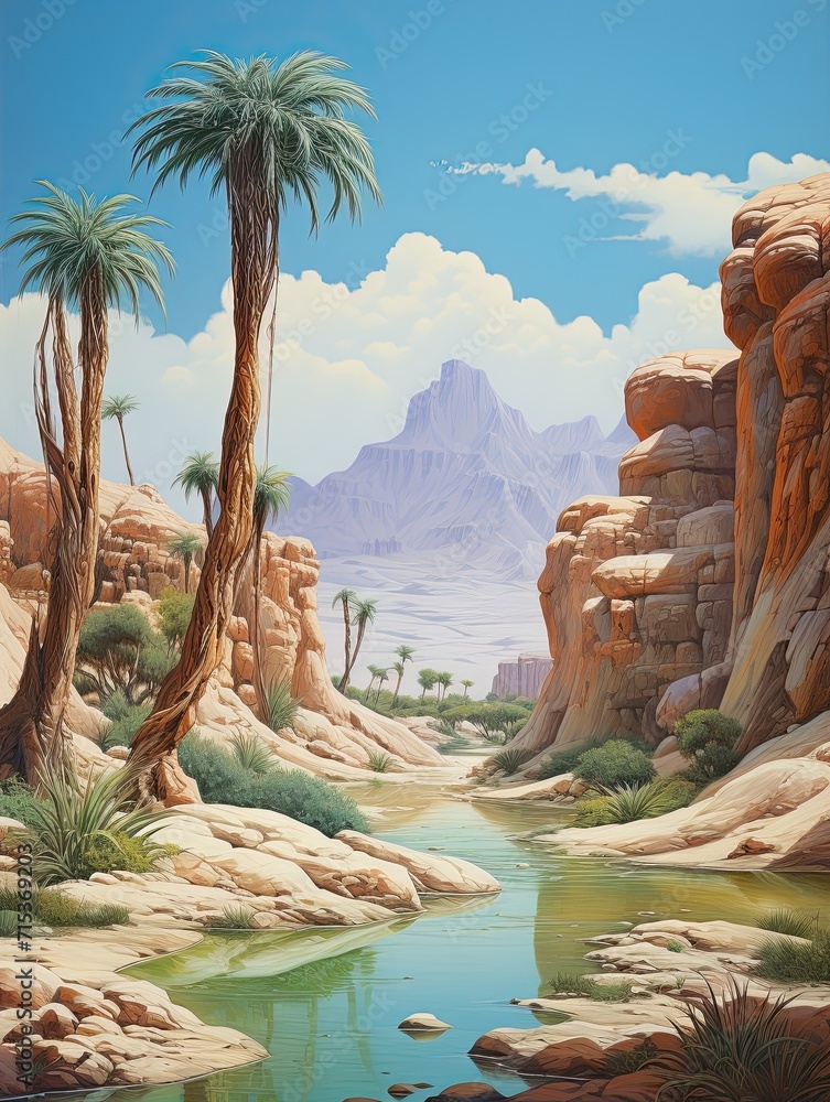Ancient Desert Landforms: Oasis Art on Desert Islands Stock ...