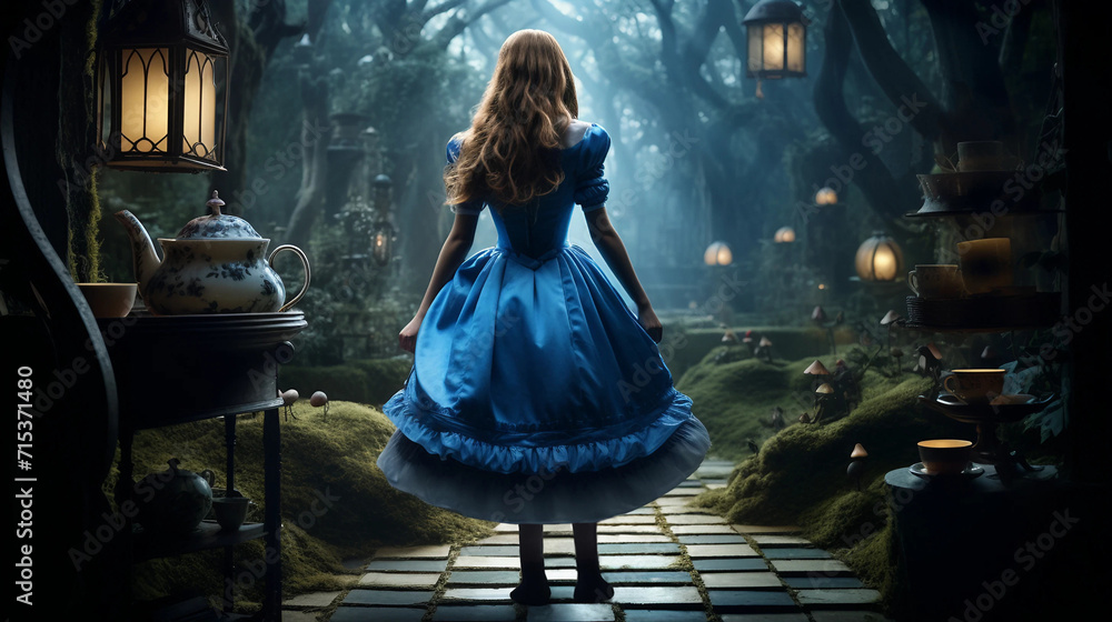 Alice in Wonderland Standing on a Pathway in a Fairy Tale Environment ...