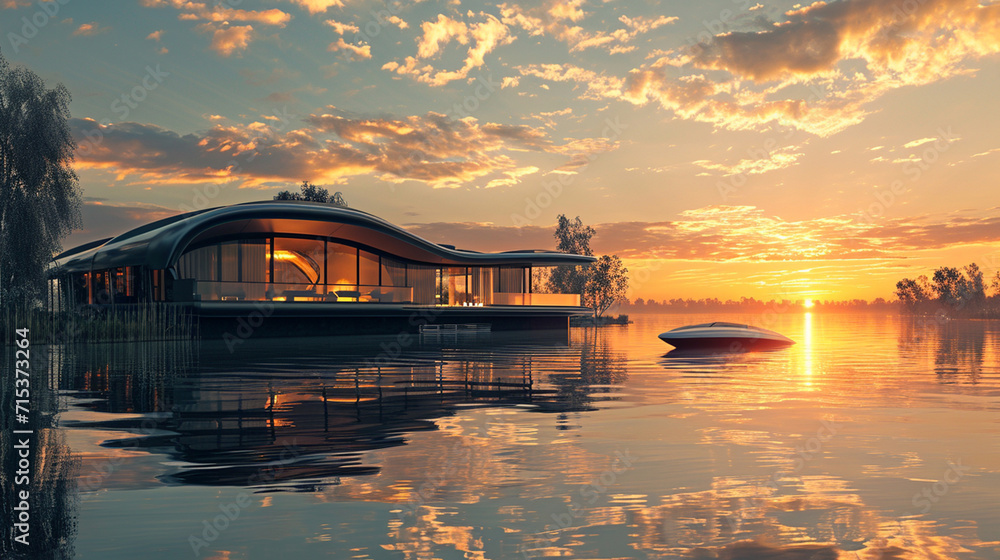 A futuristic house that floats on water Stock Illustration | Adobe Stock