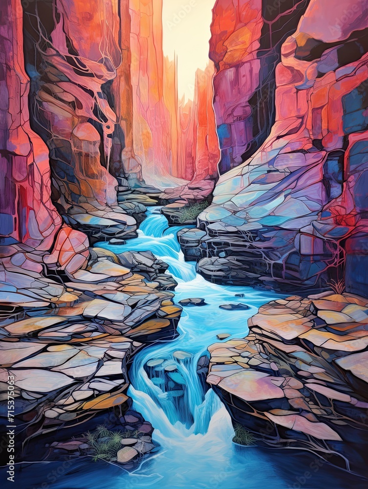 Vivid Cascading Canyon Rivers: Acrylic Landscape Art Depicting Vivid ...
