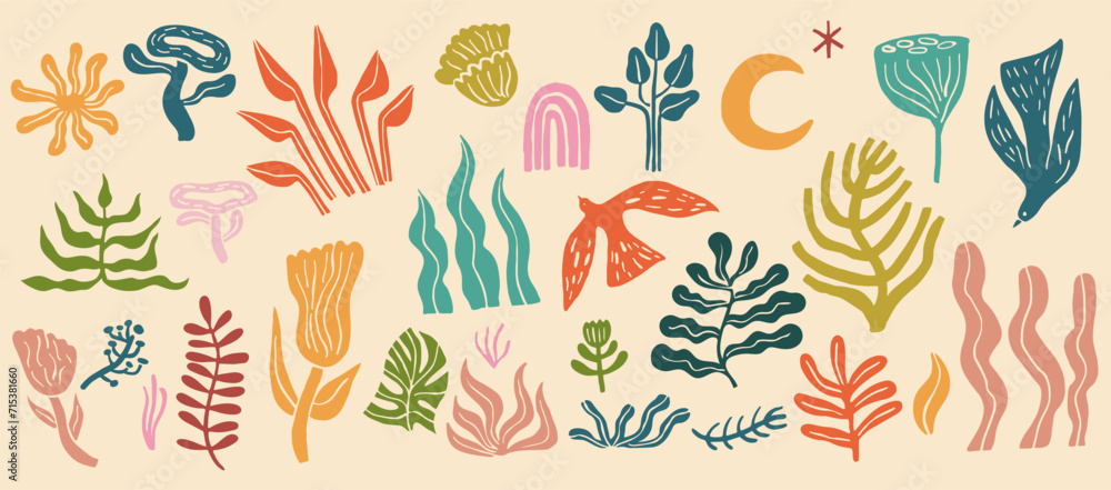Colorful abstract sea floral fauna shapes and elements against beige ...