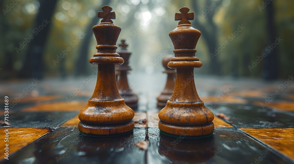 Two chess pieces placed on an outdoor chessboard, with a serene forest ...