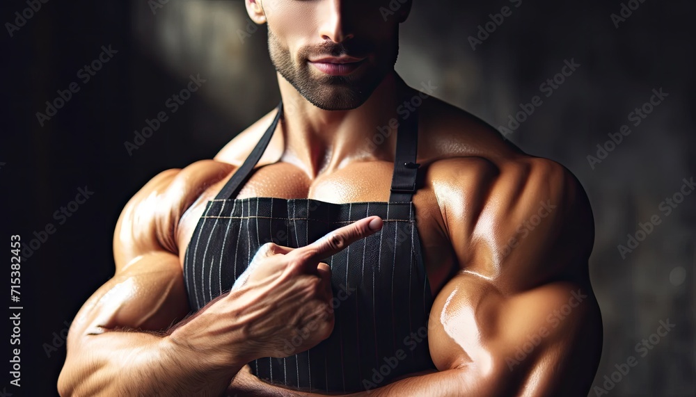 A muscular man with a beard, wearing a chef's apron, points to his well ...
