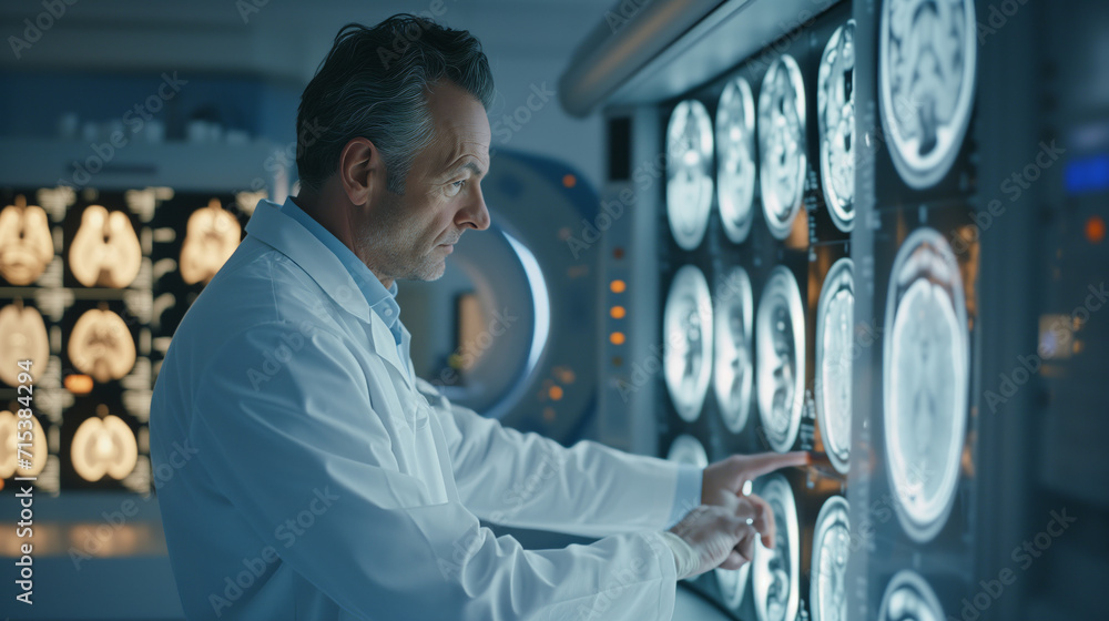 Focused Radiologist Analyzing MRI Scans. Medical professional examining ...