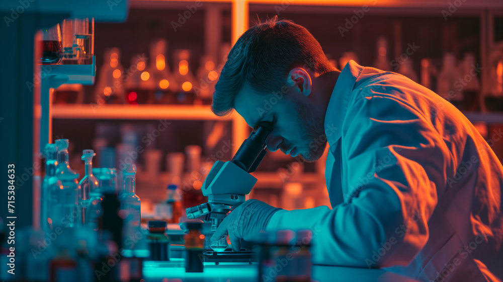 Scientist Using Microscope in Laboratory. Expert in lab coat examines ...