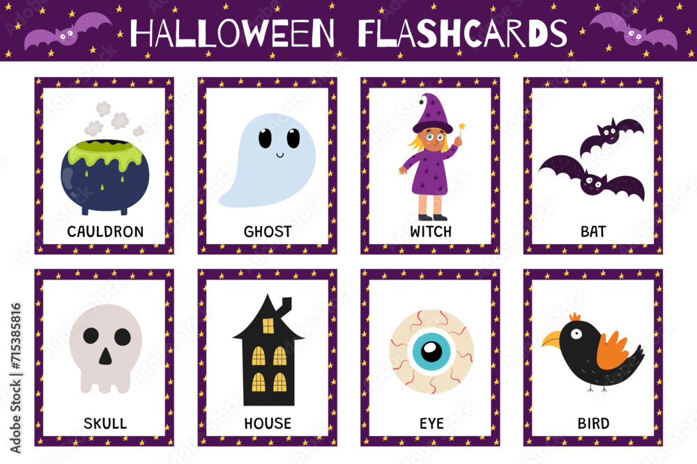Vetor de Halloween flashcards collection for kids. Flash cards set with ...