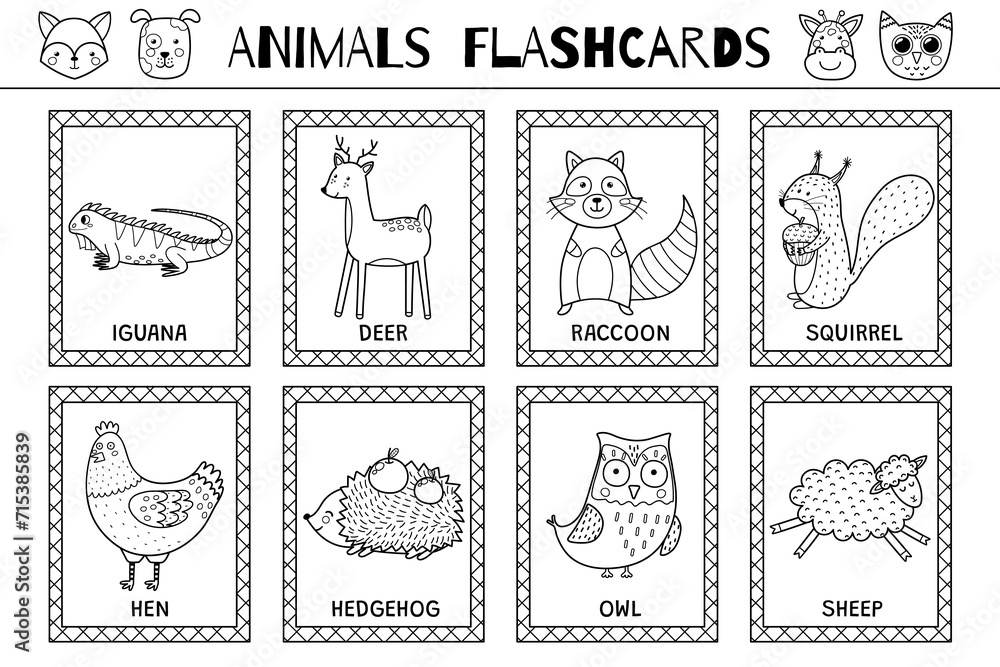 Animals flashcards black and white collection for kids. Flash cards set ...