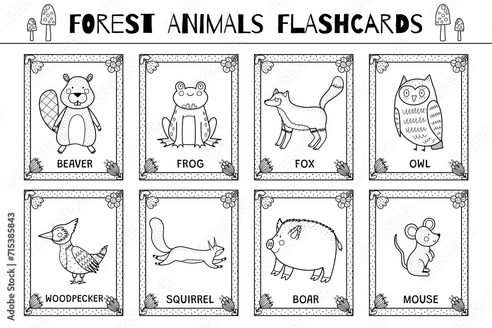 Forest animals black and white flashcards collection for kids. Flash ...