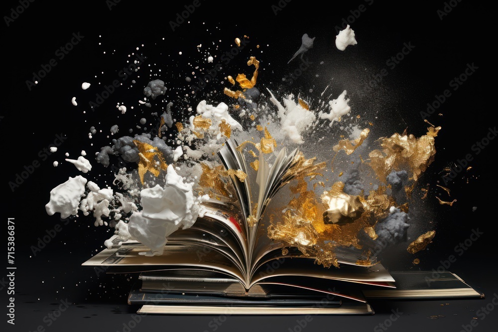 an open book with white and yellow paint splatters coming out of it on ...