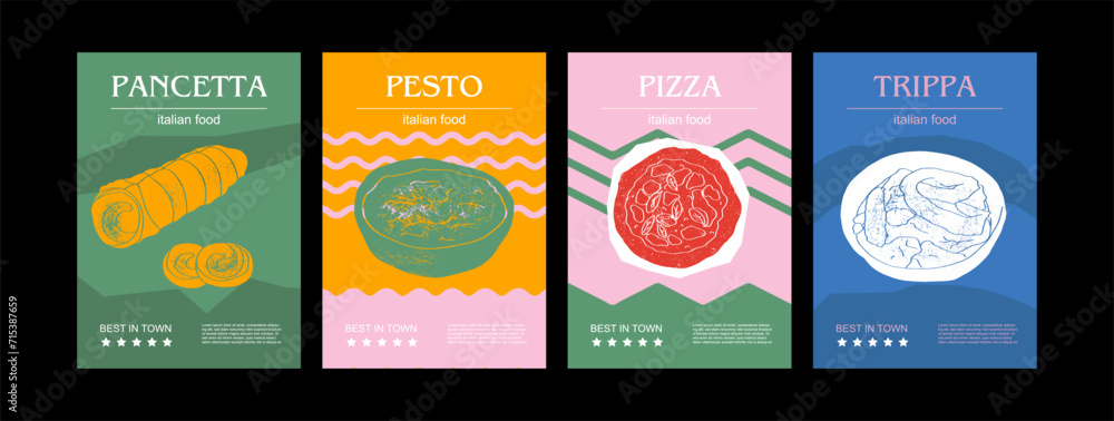 Italian food set vector illustration. Engraved pancetta, pesto, pizza ...