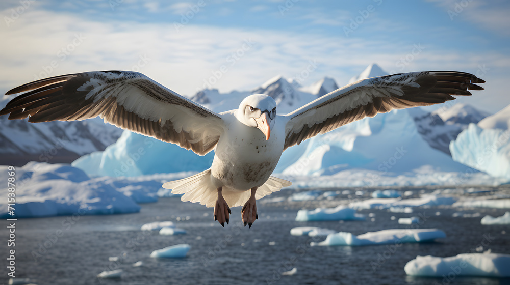 A solitary albatross in flight, with a vast expanse of open ocean and ...