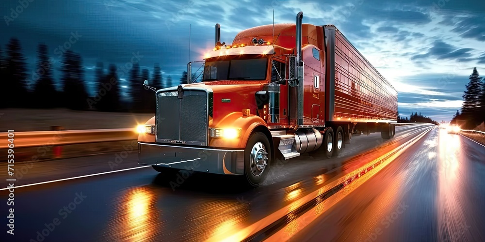 Semi heavy truck powering through transportation of cargo on road ...