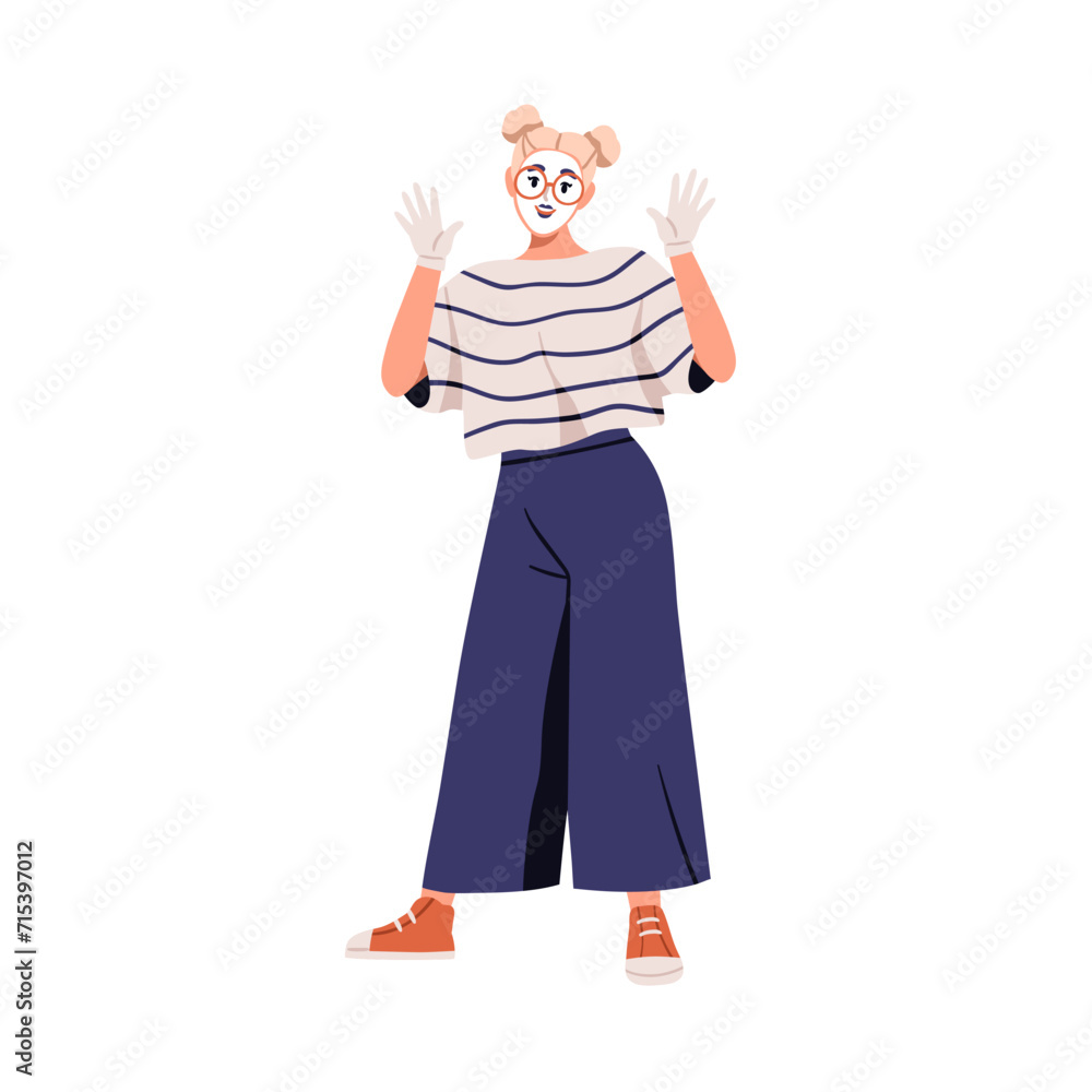 French mime, silent comic actress performing pantomime. Happy female ...