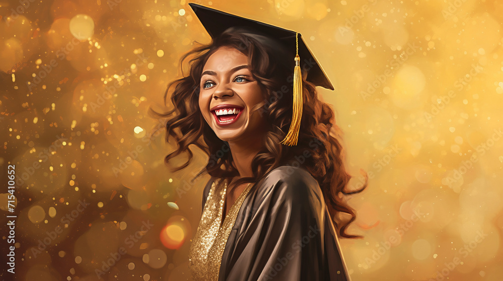 Happy young woman wearing graduation cap and gown, smiling young girl ...