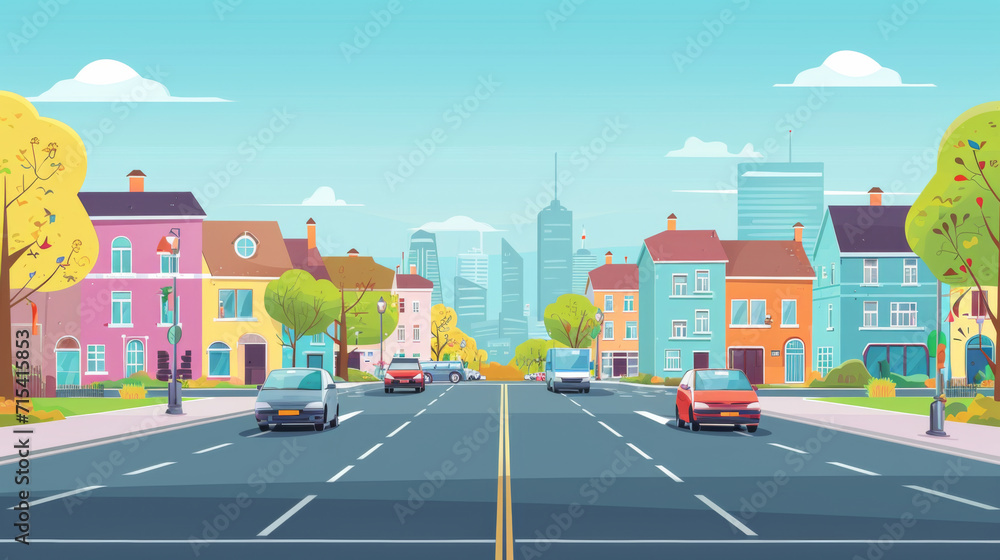 Flat vector cartoon style illustration of urban landscape road with ...