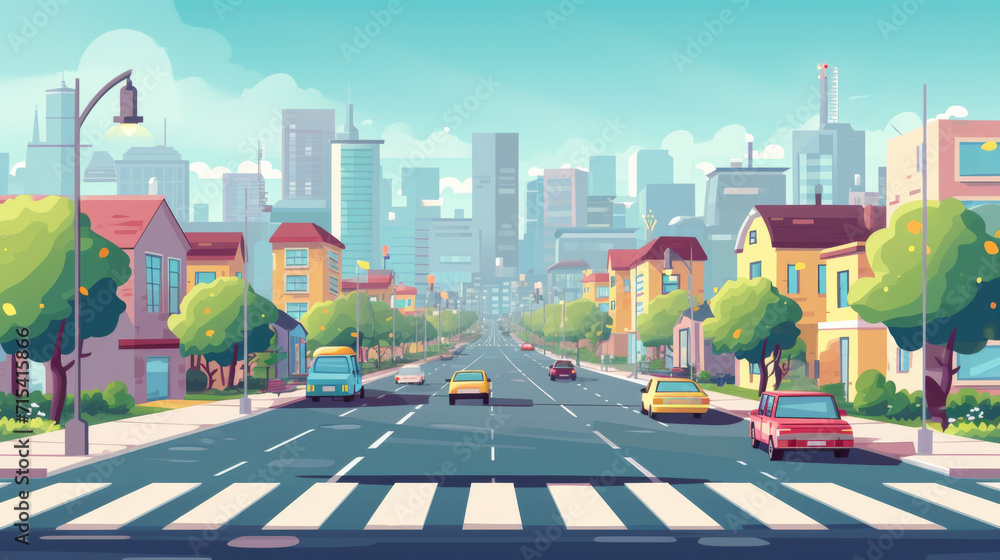 Flat vector cartoon style illustration of urban landscape road with ...