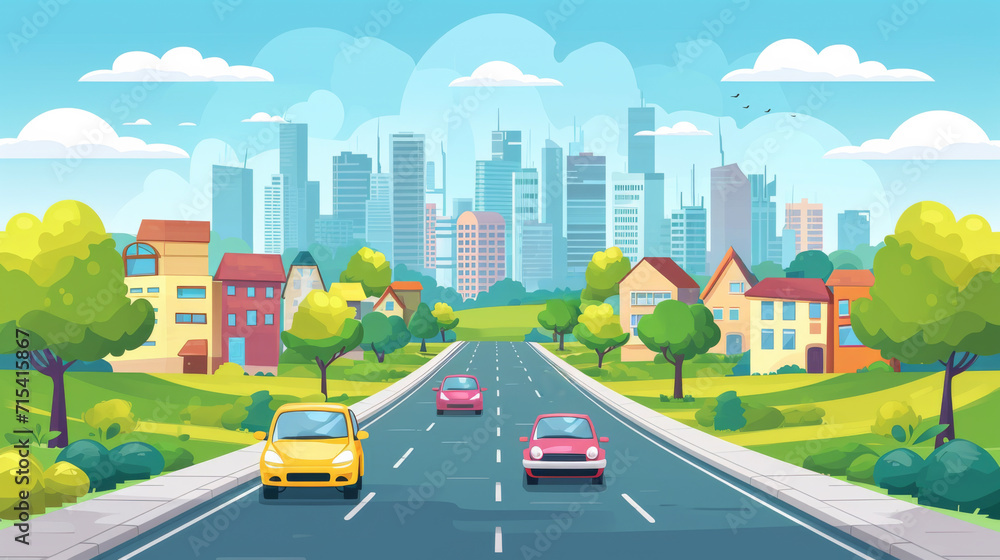 Flat vector cartoon style illustration of urban landscape road with ...