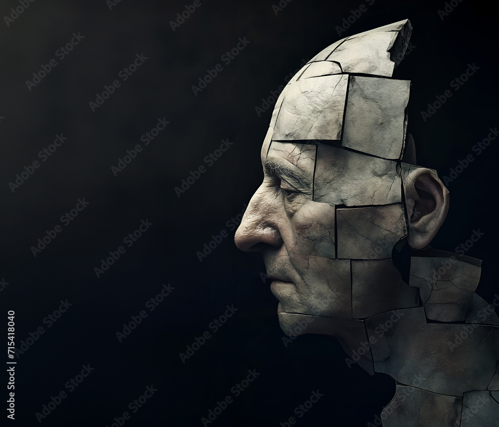 Surreal Concept. Closeup portrait of elderly man formed of fractured ...