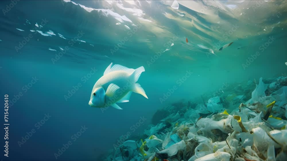 Closeup of a fish surrounded by plastic debris in the ocean, a reminder ...