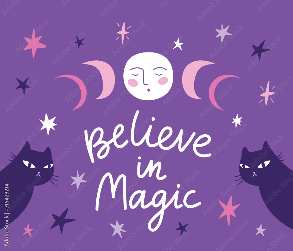 Vector mystical card design with lettering - Believe in magic. Black ...