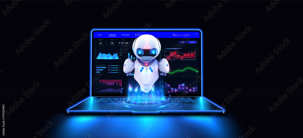 Robotic AI Assistant Emerging from Laptop. A 3D robot with a ...