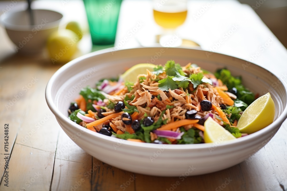 brightly lit taco salad with olives and shredded carrots Stock Photo ...