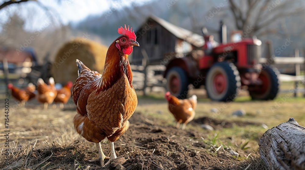 A hen confidently strides across a traditional farm, with chickens and ...