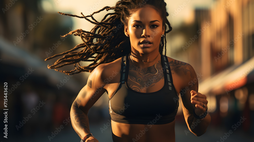 Sprinter in mid-stride, a female athlete, determination etched on her ...