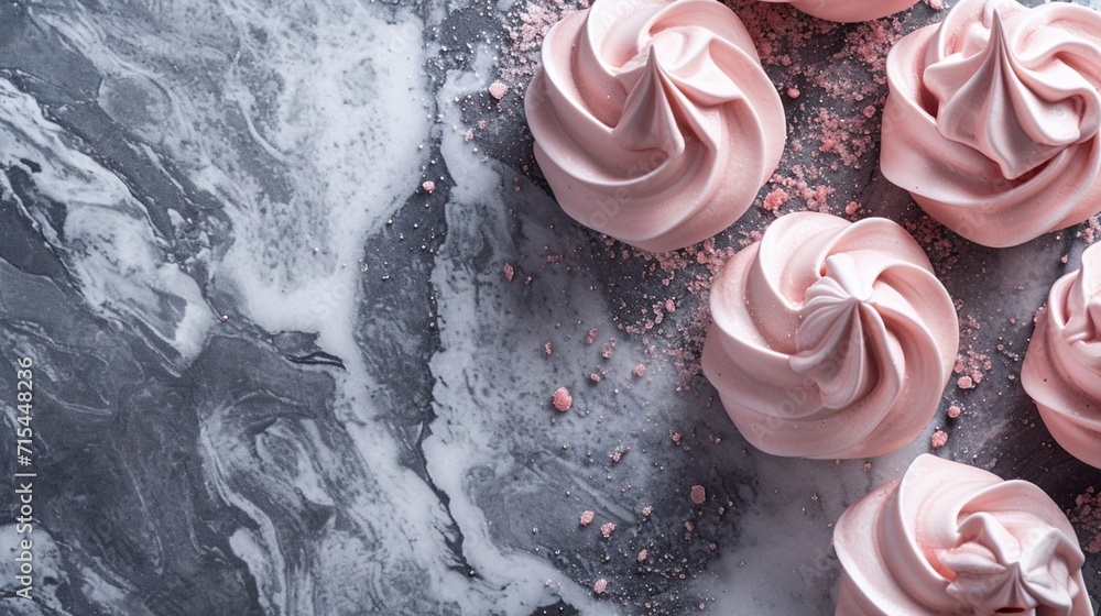 Pink meringue cookies on a gray marble table delicious desserts Stock ...
