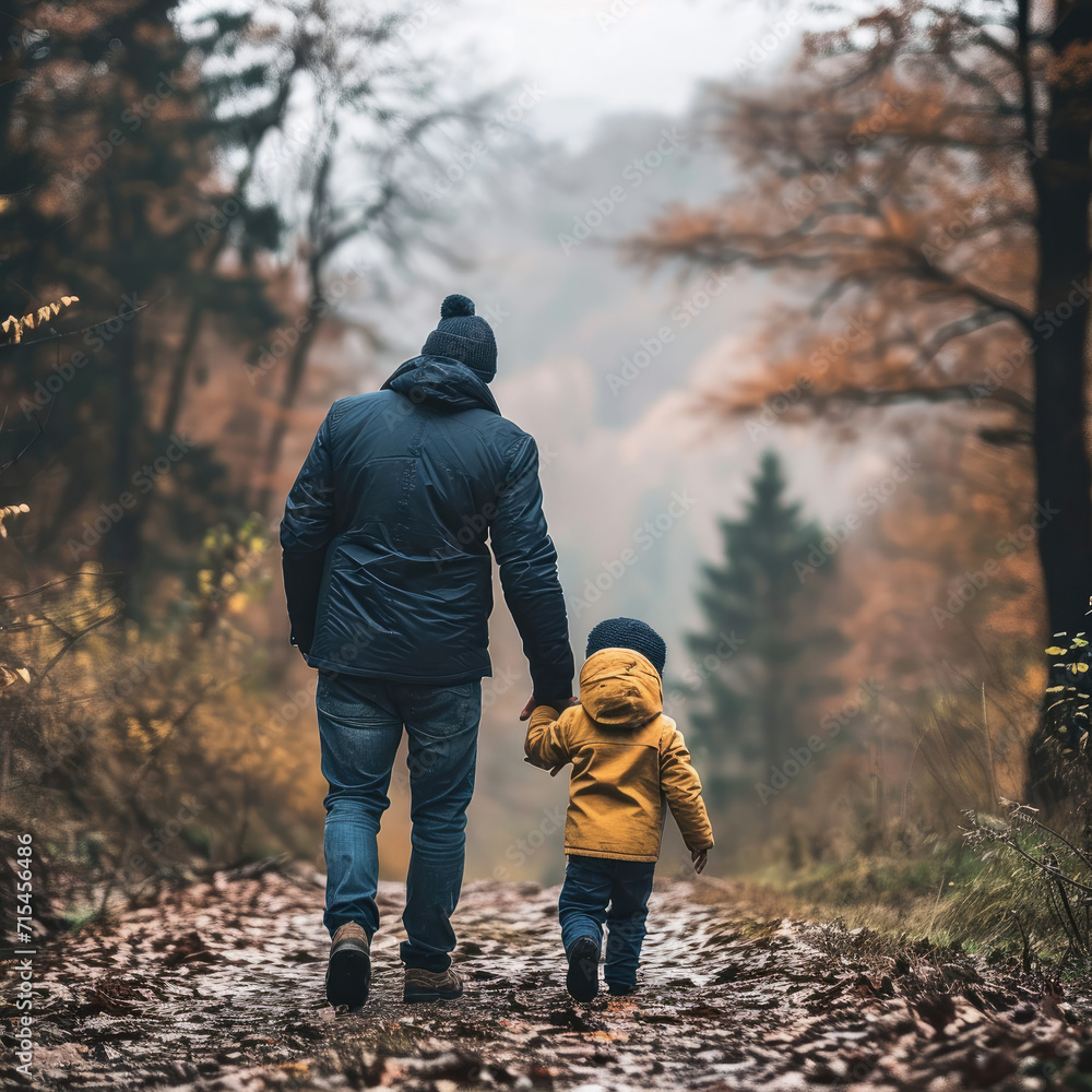 Man and Child Walking Together on Forest Path With Sunlight Breaking ...