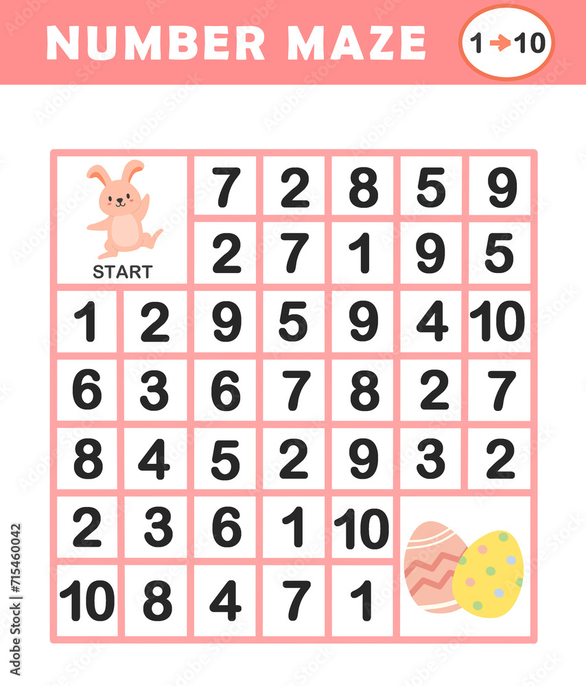 Number maze game for children with cute easter illustration. Help the ...